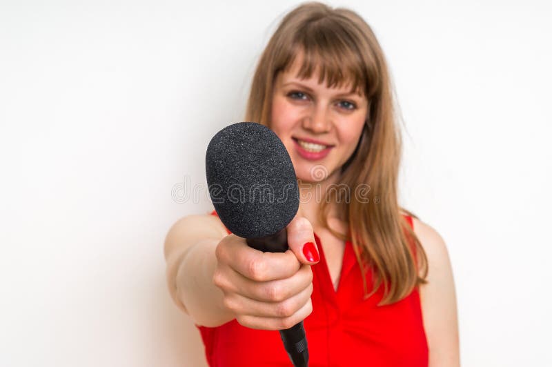 Journalist with Black Microphone Making Interview Stock Image - Image ...