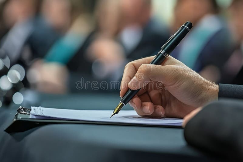 A Journalist Focuses on Taking Notes with a Pen during a Press ...