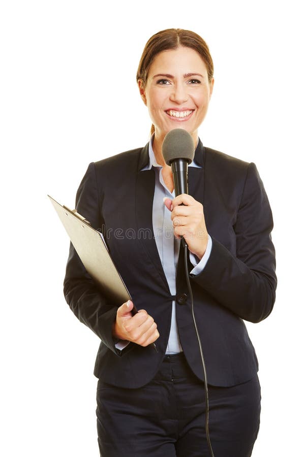 Journalist with Microphone and Clipboard Stock Photo - Image of happy ...