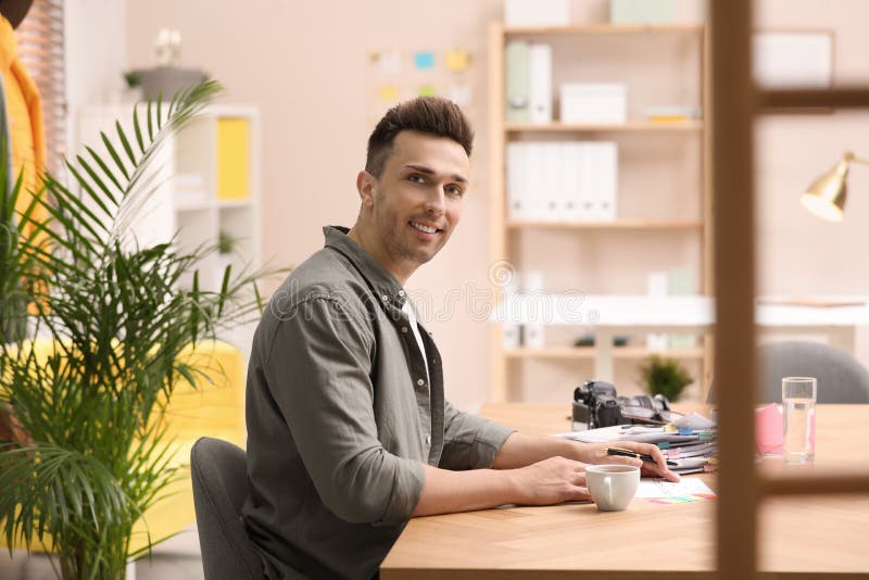 Journalist Working at Table in Office Stock Image - Image of coffee ...