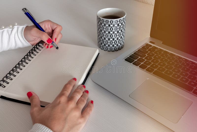 Journalist Working, Writing in Notebook with Copy Space, with Laptop ...