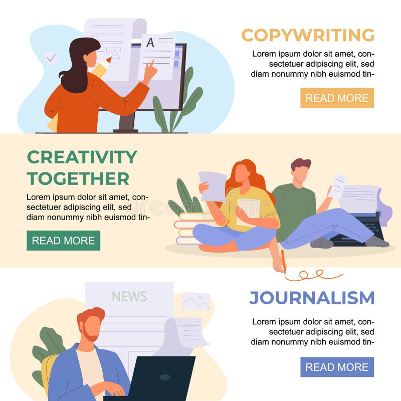 Journalists Copywriting Banners. Text Typing Concept Horizontal Banners ...