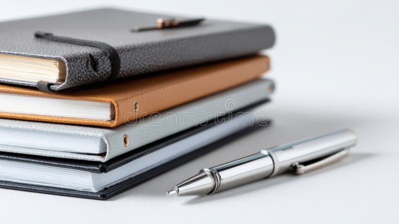 Journals Arranged in a Stack beside a Silver Pen on a Clean, White ...