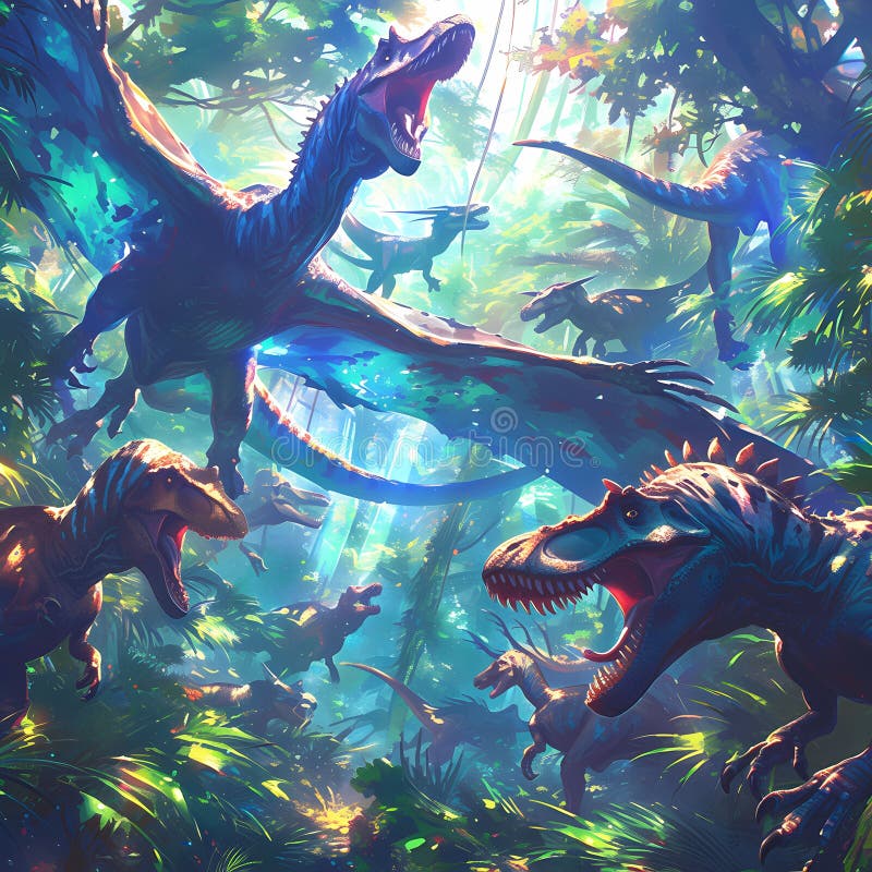 Jurassic Adventure: a Pack of Allosaurus in the Jungle Stock ...