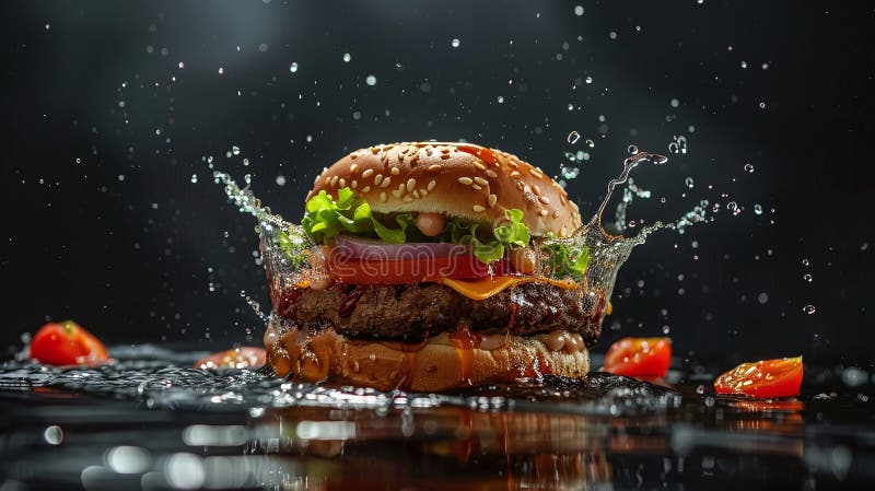 Delicious Burger Splash Captured Against a Dark Backdrop Stock ...