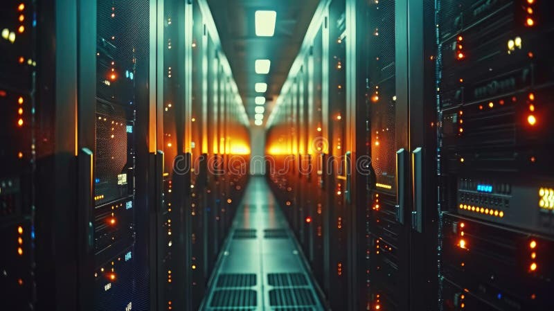 Journey through the Glowing Server Rack Maze Stock Illustration ...