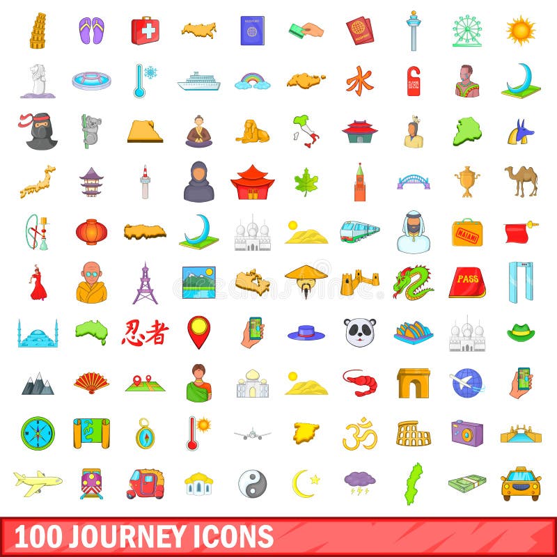 100 Journey Icons Set, Cartoon Style Stock Vector - Illustration of ...