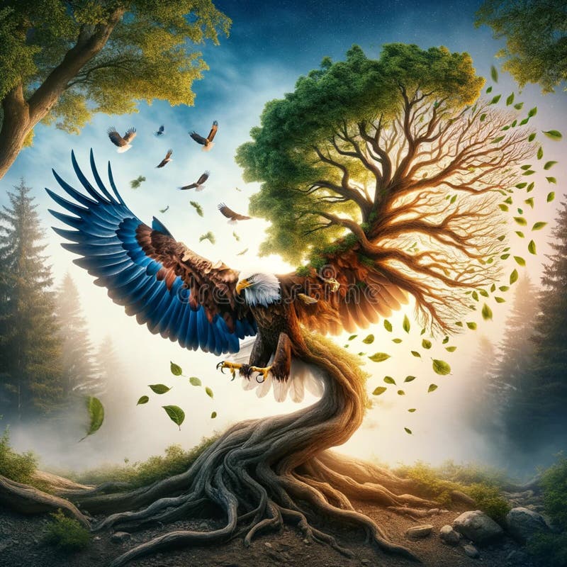 Spring To Fall: Eagle Tree Amidst Seasonal Splendor Stock Illustration ...