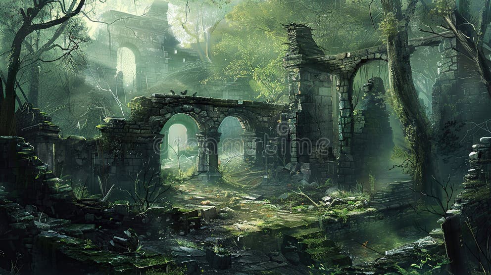 Journey through Time, Ancient Ruins and Decrepit Stone Bridge in Forest ...
