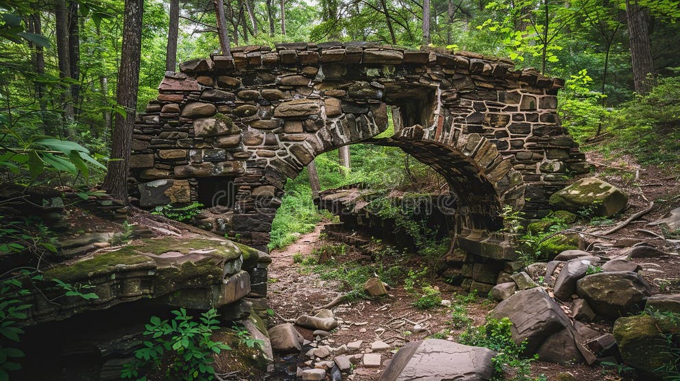 Journey through Time, Ancient Ruins and Decrepit Stone Bridge in Forest ...