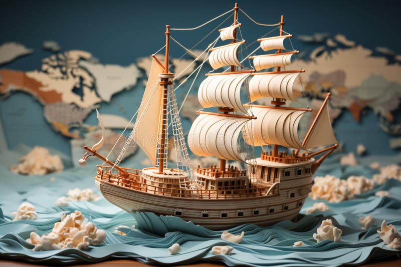 Journeying the World, Boat Sails on Globe Map, Against White Canvas ...