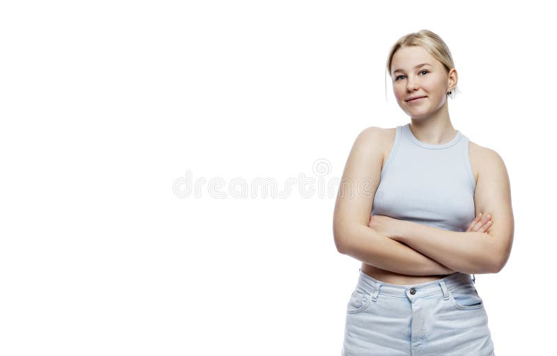 Joven Sonriente Una Linda Adolescente Rubia En Una Camiseta Azul Y