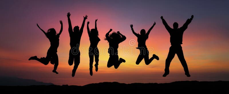 The Joy of Friends Jumping Together Against a Beautiful Sunset Backdrop ...