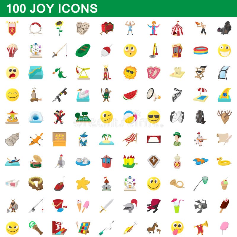 100 Joy Icons Set, Cartoon Style Stock Vector - Illustration of happy ...