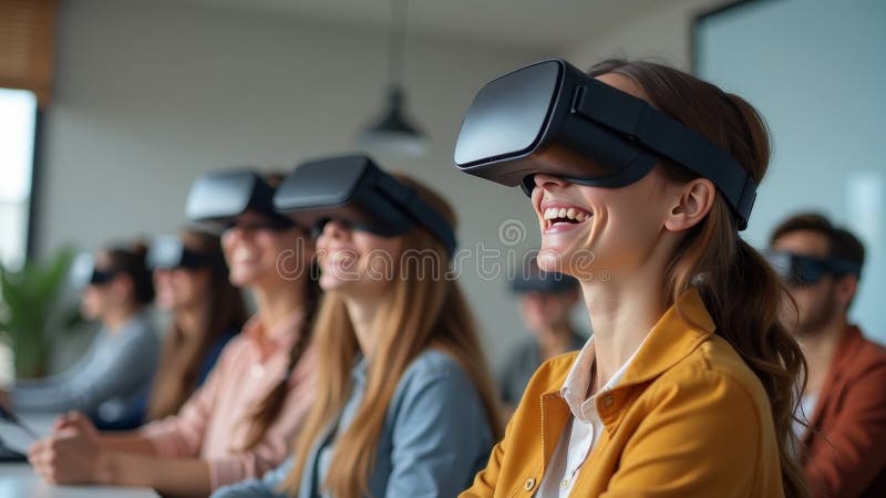 Joy People Sitting in Virtual Reality Glasses in the Office Stock Image ...