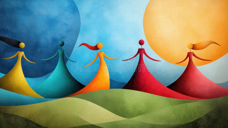 Joyful Abstract Figures in Vibrant Colors Dancing Under Bright Sun ...
