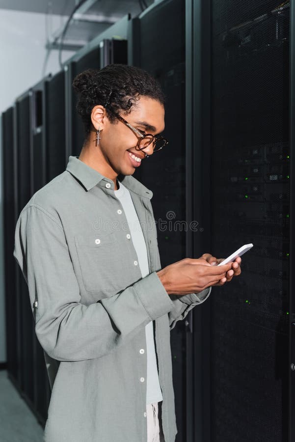 Joyful African American Programmer Messaging on Stock Image - Image of ...