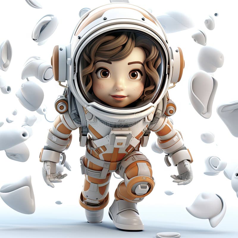 Joyful Animated Young Girl Astronaut Floating in Zero Gravity. Stock ...