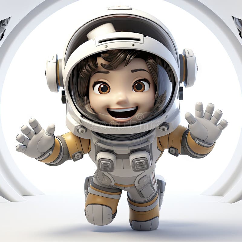 Joyful Animated Young Girl Astronaut Floating in Zero Gravity. Stock ...