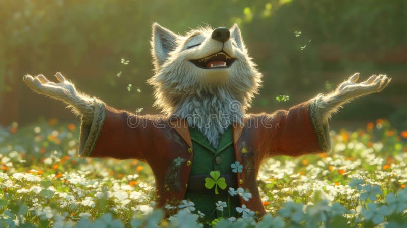 Joyful Anthropomorphic Wolf Embraces Spring Flowers Stock Illustration ...