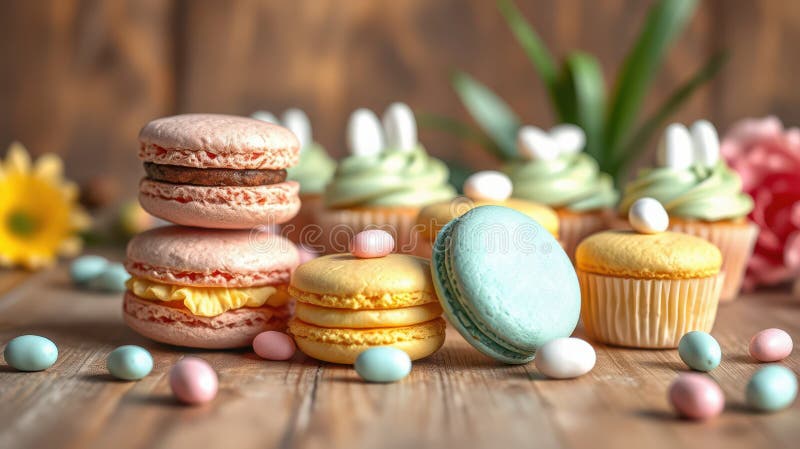 Colorful Spring Dessert Display Featuring Macarons, Cupcakes, and Candy ...