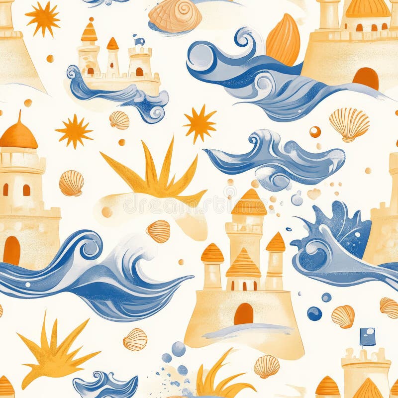 A Joyful Beach Pattern with Sandcastles, Seashells, and Waves Splashing ...