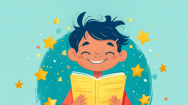 Young Boy Smiling and Reading a Book Surrounded by Stars Stock Image ...