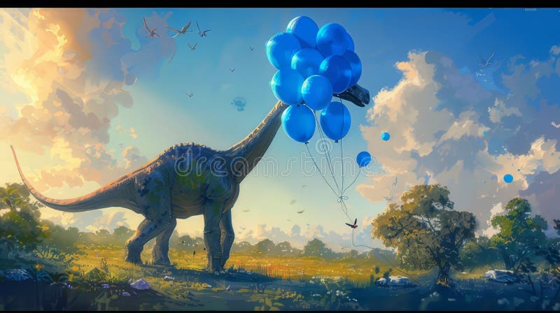 Joyful Brachiosaurus in a Whimsical Landscape with Blue Balloons Stock ...