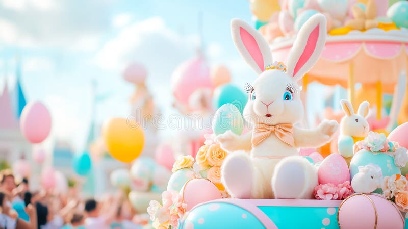 A Joyful Bunny Float with Flowers and Pastel Eggs Delights Excited ...