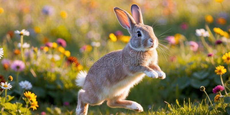 Joyful Bunny Hopping in a Blooming Meadow Stock Photo - Image of grass ...