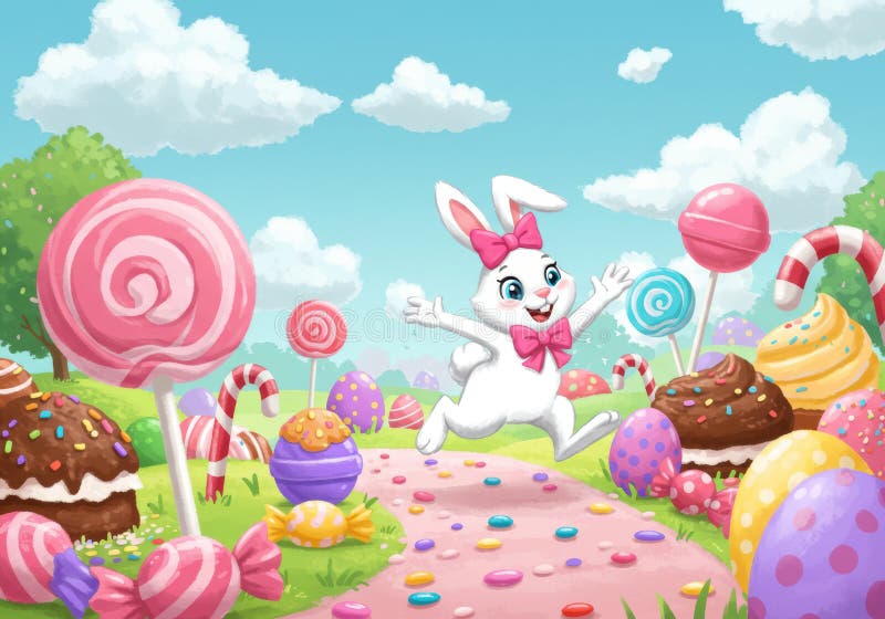 Joyful Bunny Leaping through Candy Wonderland Filled with Sweets and ...