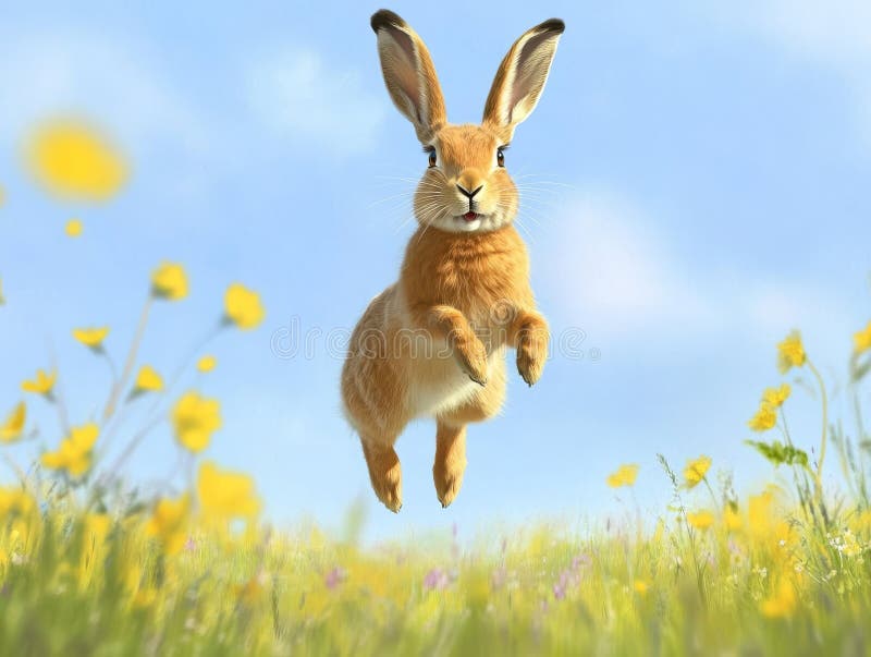 Joyful Bunny Leaping through Yellow Wildflower Meadows on Clear Spring ...