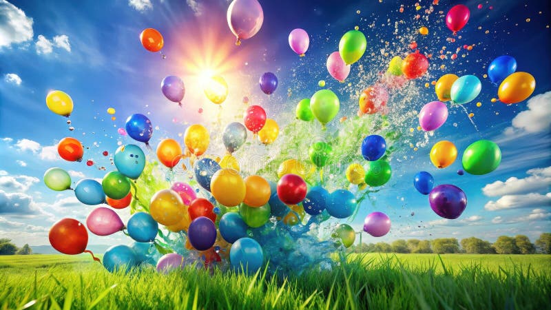 Joyful Burst of Colorful Balloons Exploding in a Lush Green Field Under ...