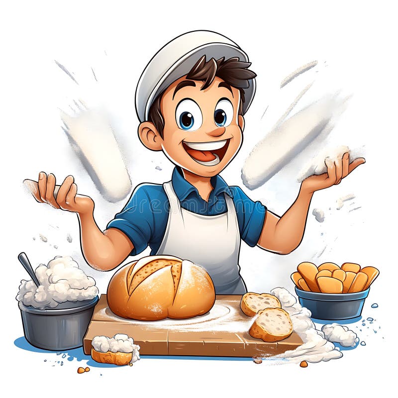 Cheerful Baker Making Fresh Bread in Cartoon Style Stock Illustration ...
