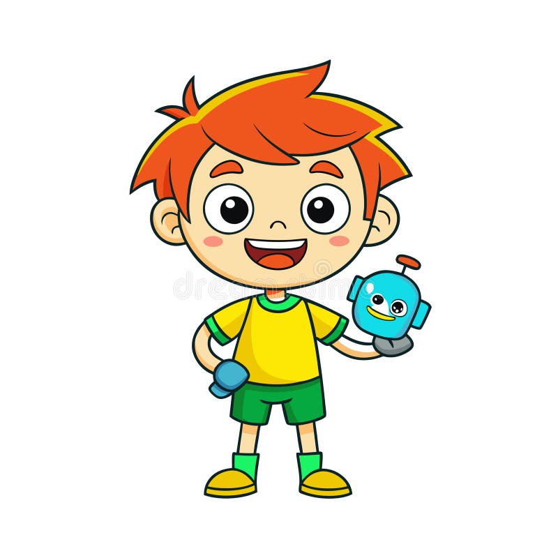 Joyful Cartoon Boy Playing with Robot Toy Stock Vector - Illustration ...
