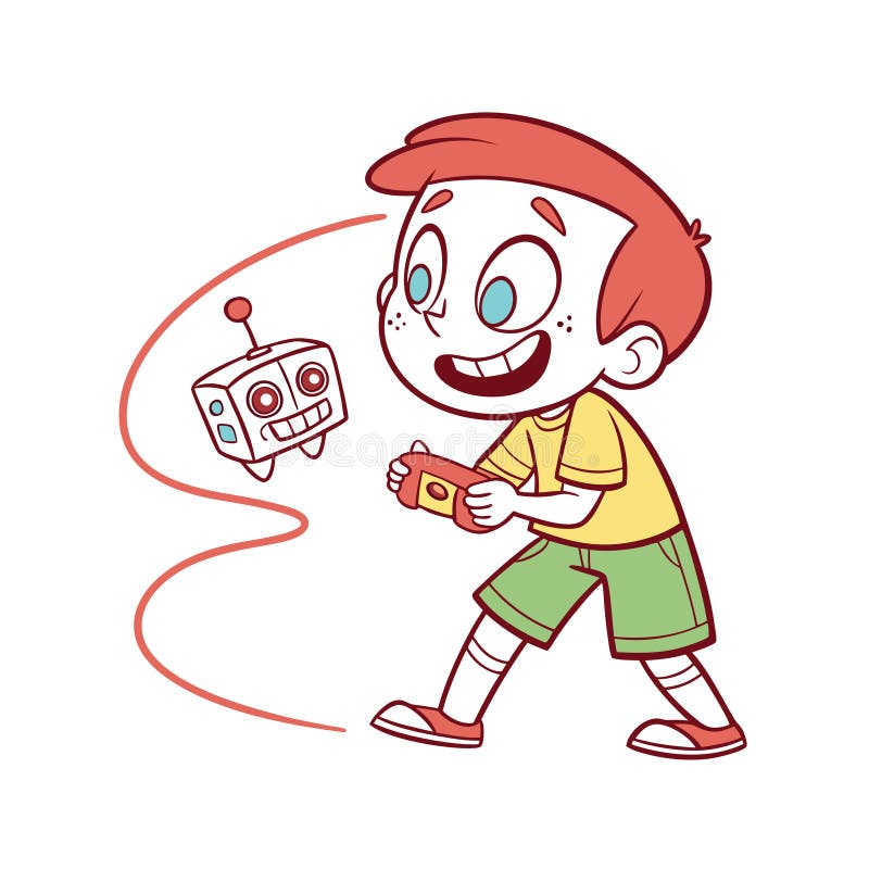 Joyful Cartoon Boy Playing with Robot Toy Stock Illustration ...