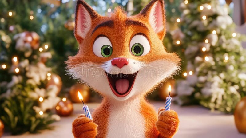 Joyful Cartoon Fox Celebrating with Candles in Festive Christmas ...