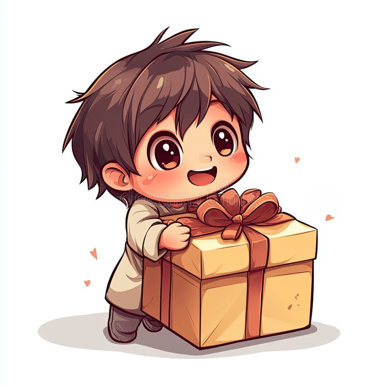 Joyful Chibi Boy Hugging Big Present with Excitement and Happiness ...