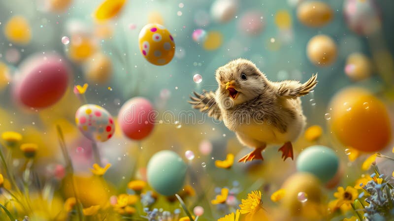 A Joyful Chick Mid-Flight Surrounded by Colorful Floating Easter Eggs ...
