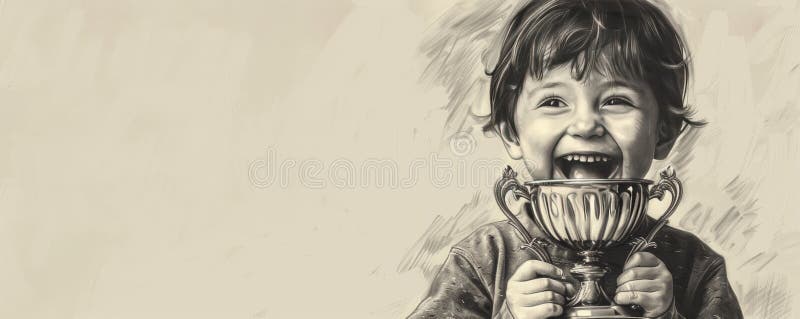 Joyful Child Holding Trophy in Black and White Ecstatic Expression of ...