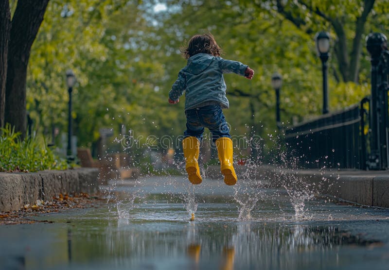 Joyful Child Jumping in Puddle, Spring Fun High Quality Image Stock ...