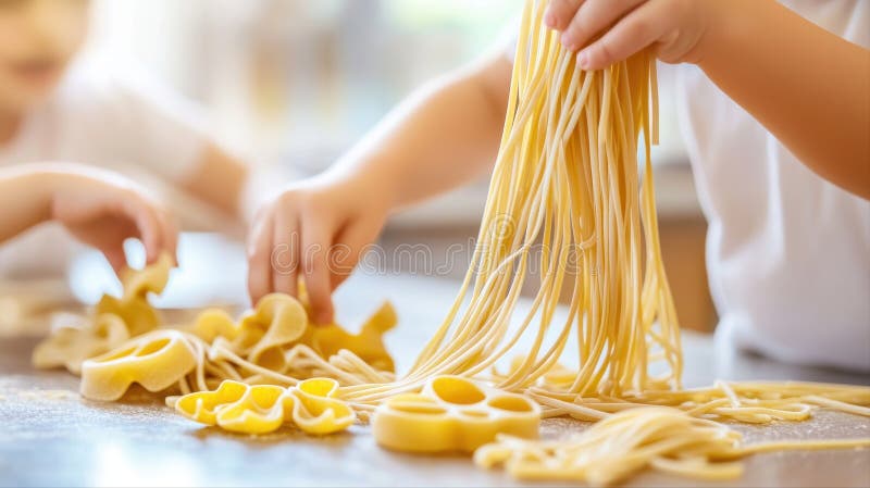 A Joyful Child Making Pasta with Uncooked Pasta Shapes in a Bright and ...