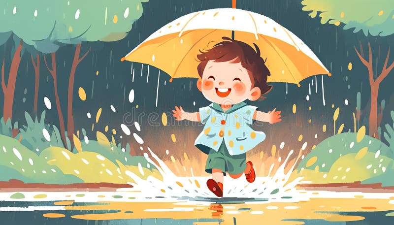 Joyful Child Playing in Puddle with Yellow Umbrella on a Rainy Day ...