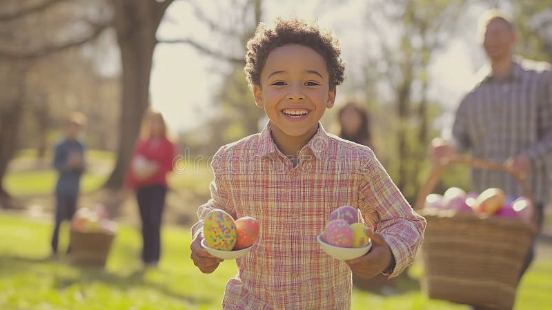 Joyful Child Running with Easter Eggs during Outdoor Egg Hunt Stock ...