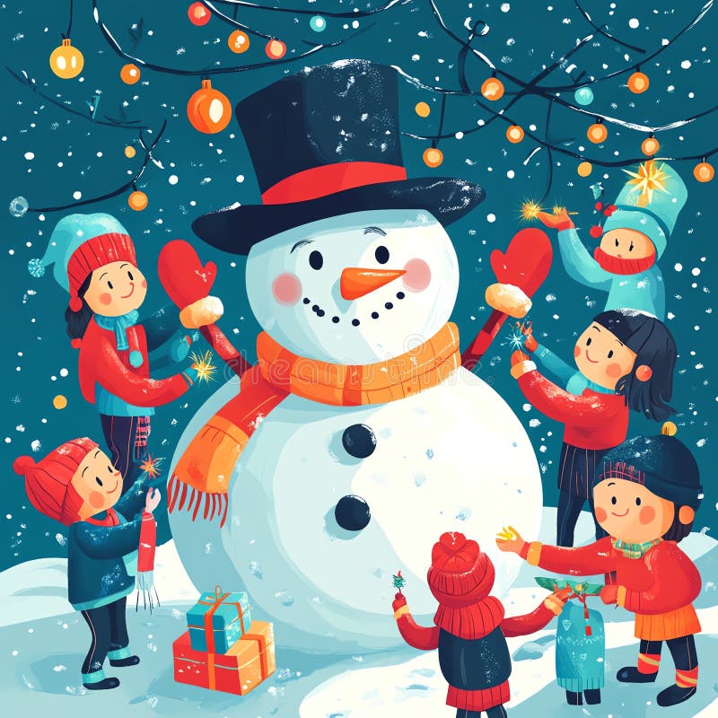 Joyful Children Decorating Snowman with Lights on a Snowy Winter Night ...