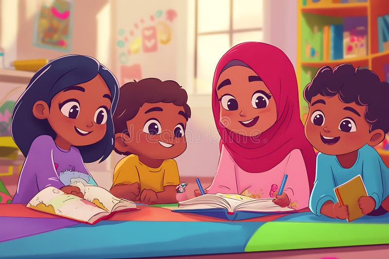 Joyful Children Engaged in Collaborative Learning and Reading in a ...