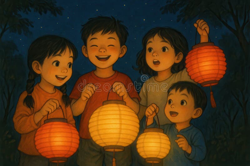 Joyful Children Holding Lanterns Under a Starry Night Sky Stock Photo ...