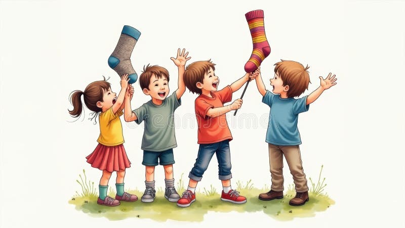 Joyful Children Playing with Socks Stock Illustration - Illustration of ...