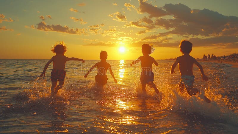 Joyful Children Running Along the Beach at Sunset Stock Illustration ...