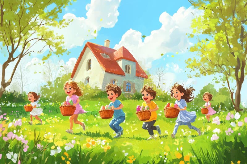 Joyful Children Running with Baskets Full of Easter Eggs in a Bright ...